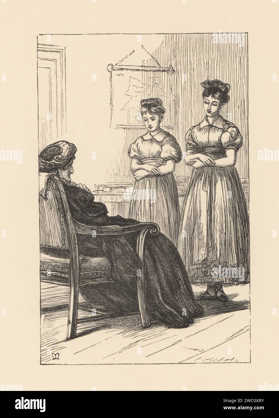 Old woman in chair chastising two young girls in a Victorian drawing ...