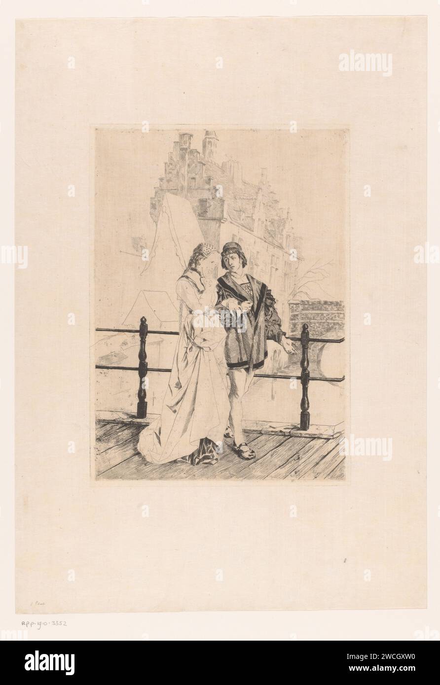 Young couple walks arm in arm over a bridge, Willem Geets, 1875 print ...