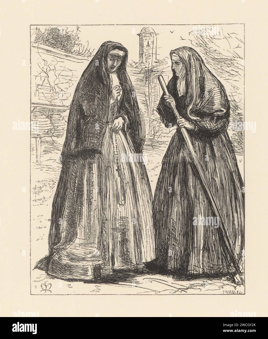 Two nuns in habits and veils gardening in a convent yard. Anna rested ...