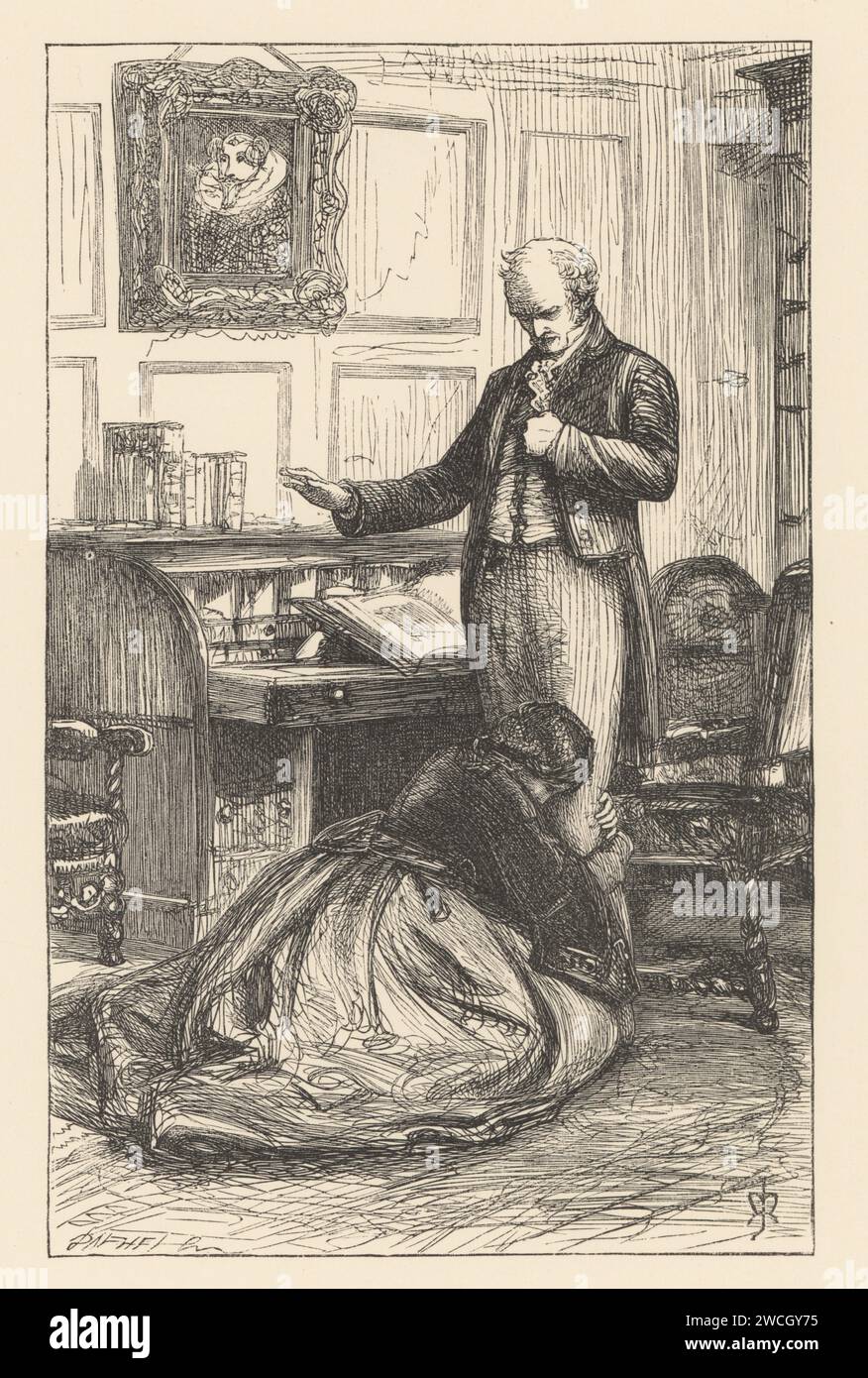 A woman begs forgiveness at a Victorian gentleman's feet in a study ...