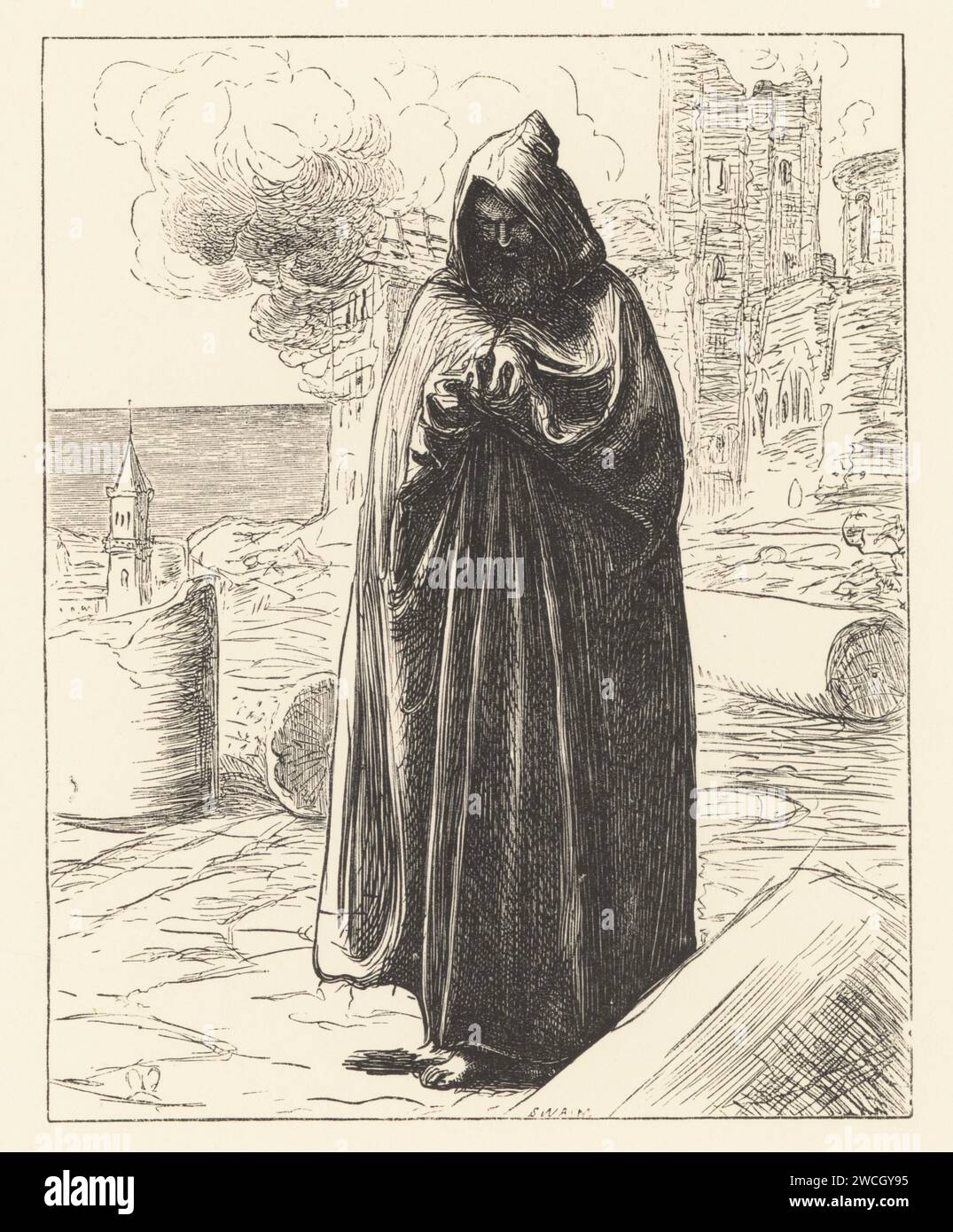 A monk in hooded habit in front of a ruined castle. The Monk from Once ...