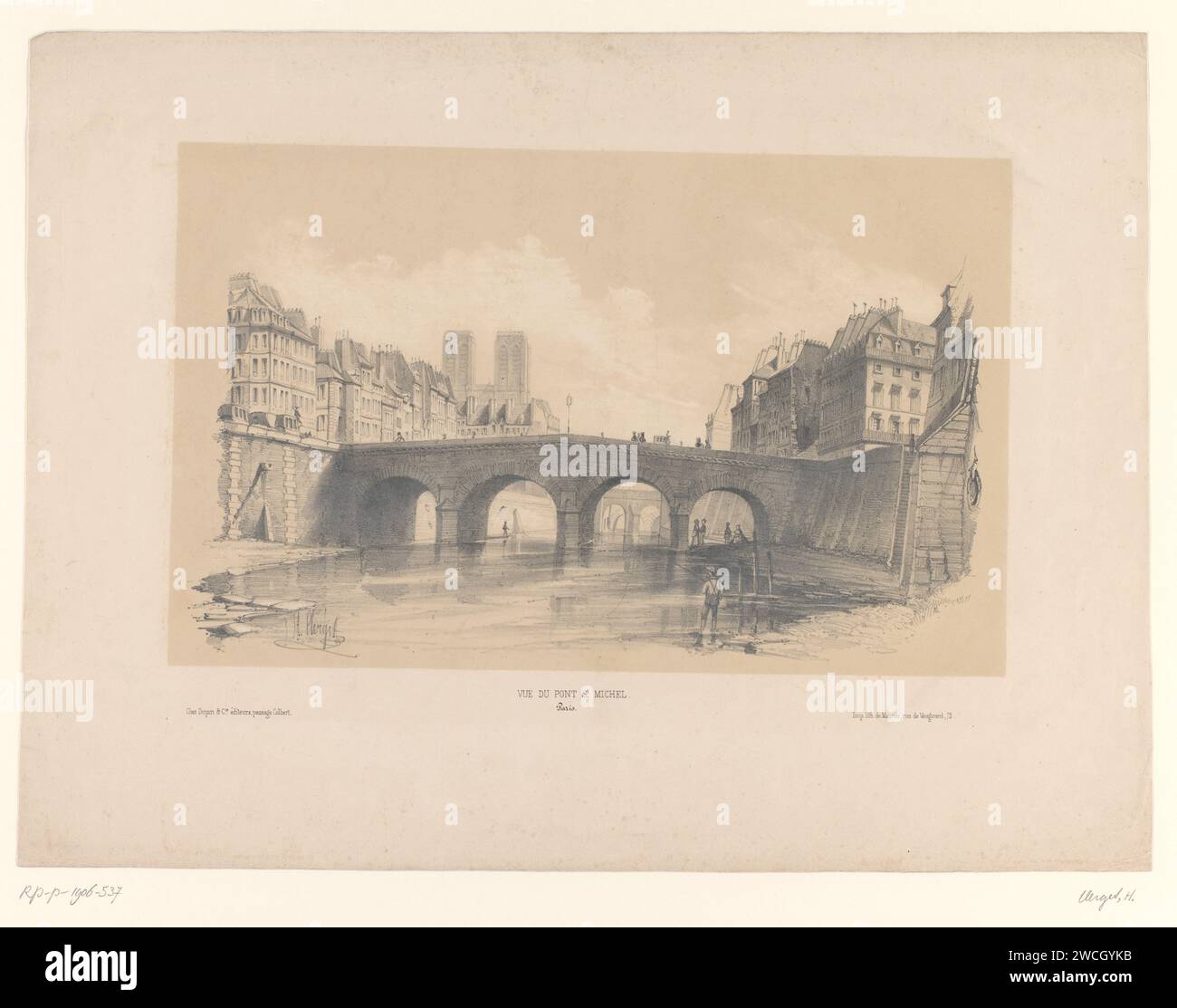 View of the Pont Saint-Michel in Paris, Hubert Clerget, 1840 print ...