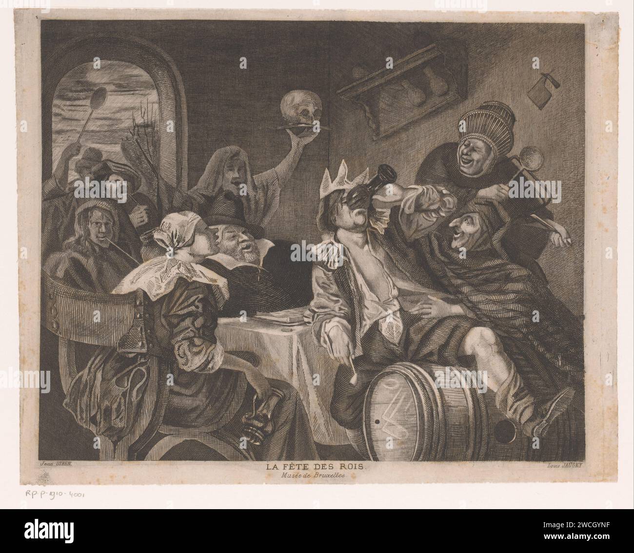 Party company with a drinking man with crown, Louis Jaugey, after Jan ...