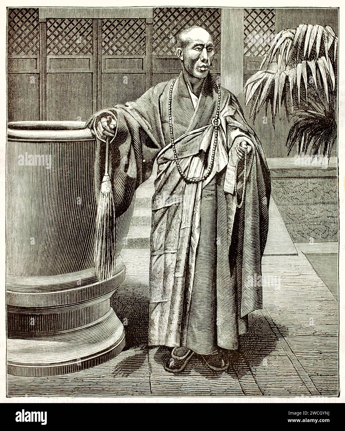 Engraved portrait of a Chinese bonze with ritual object, standing in a ...