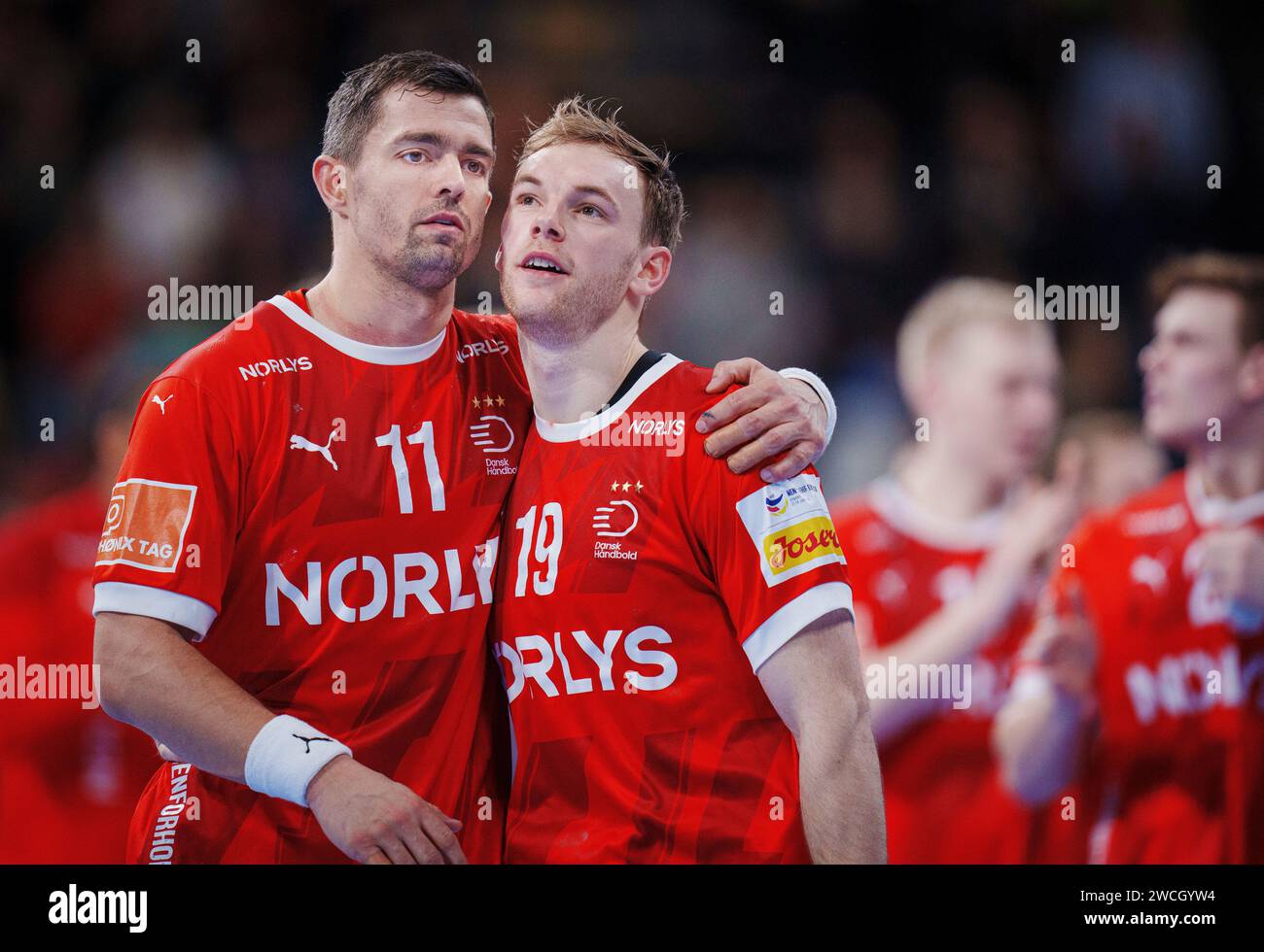 Denmark's Rasmus Lauge and Mathias Gidsel after the EC match between Denmark and Portugal in the ...