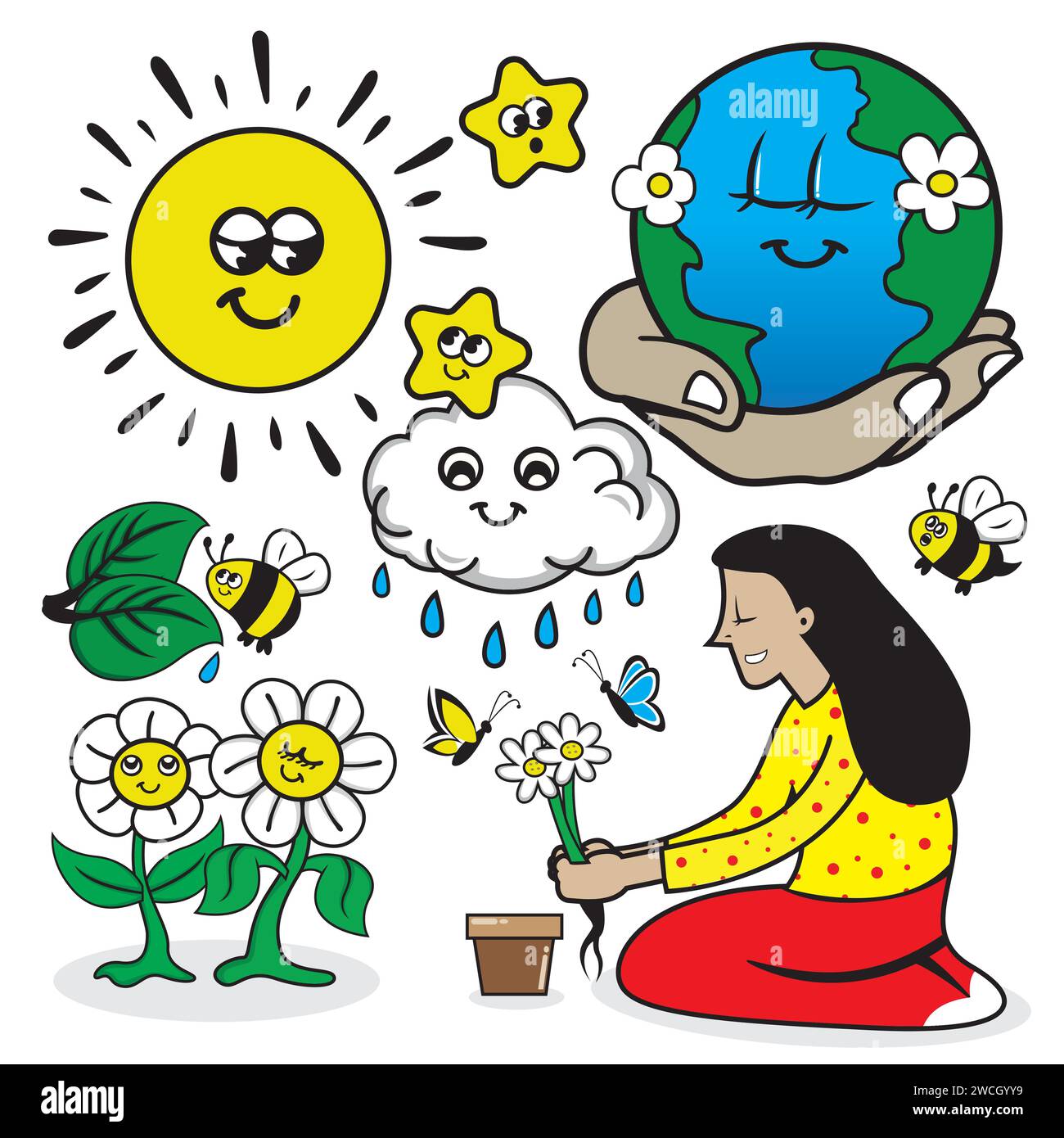 Cartoon Girl with Earth, Flowers, Sun, Clouds and Bees Stock Vector ...