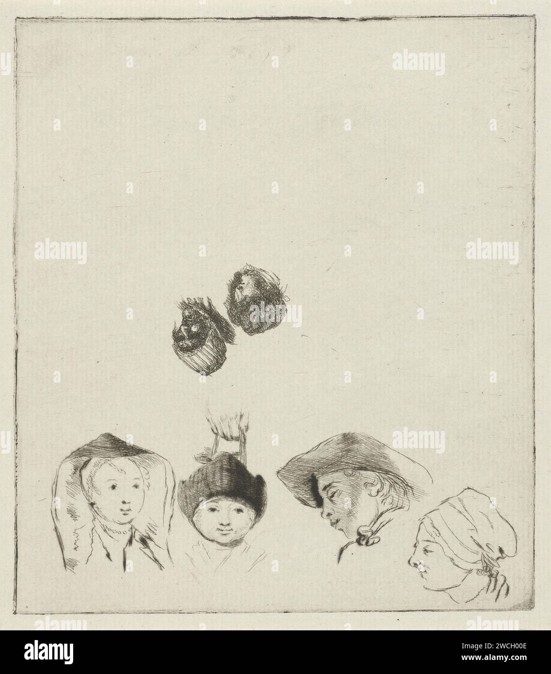 Study sheet with six heads, Louis Bernard Coclers, 1756 - 1817 print ...