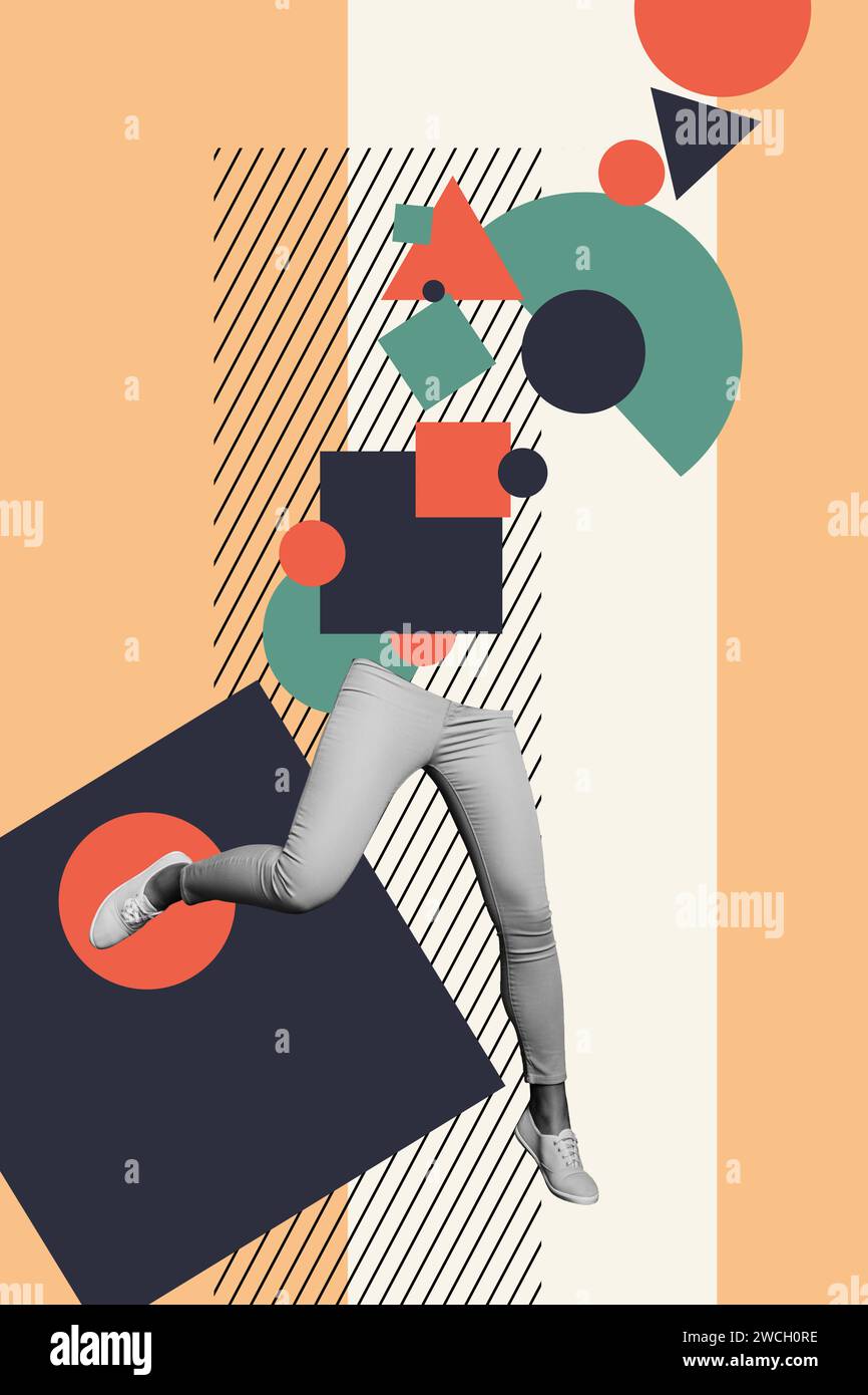 Vertical collage creative poster monochrome effect half human jump run ...