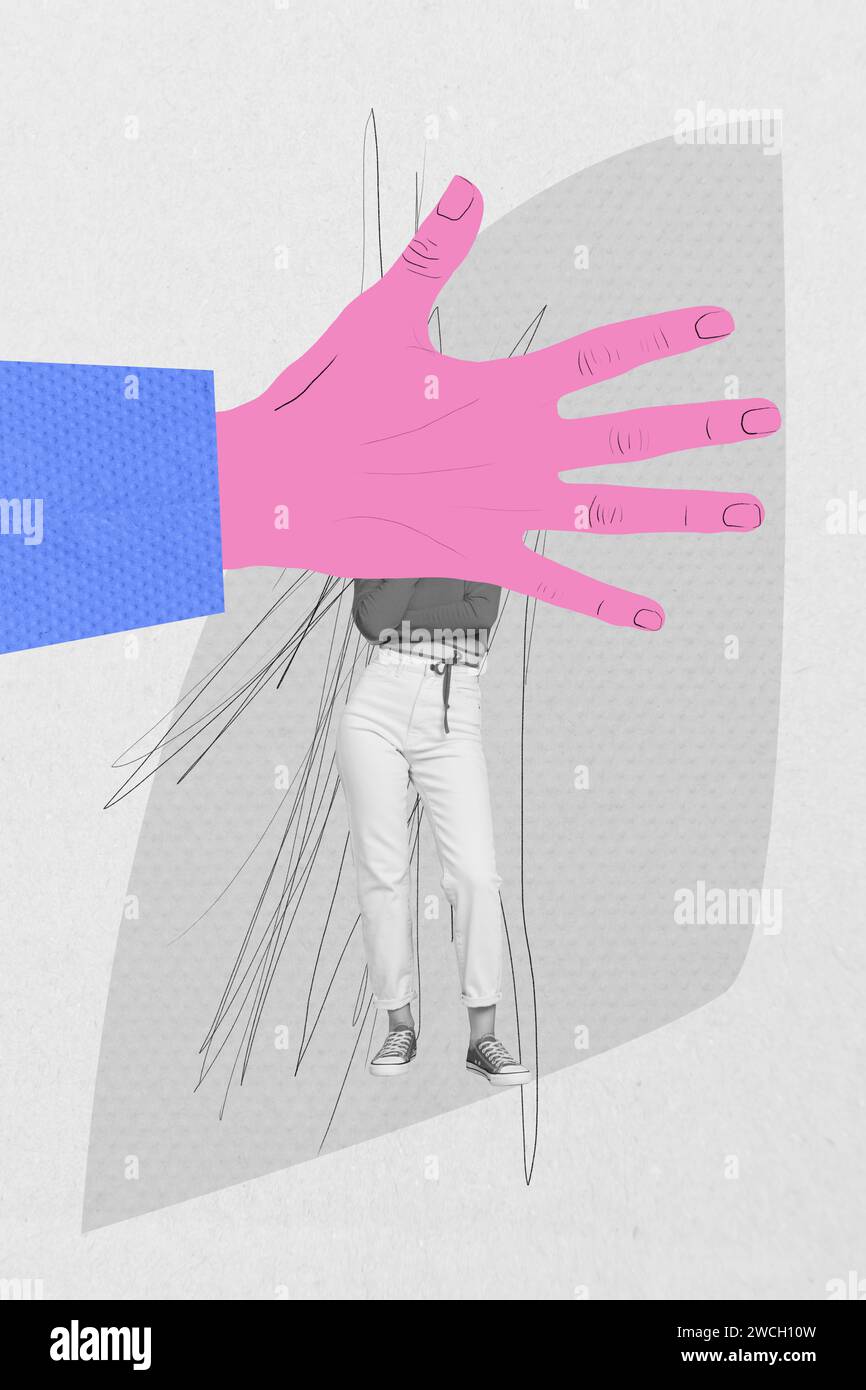 Vertical collage creative poster monochrome effect woman stand large ...