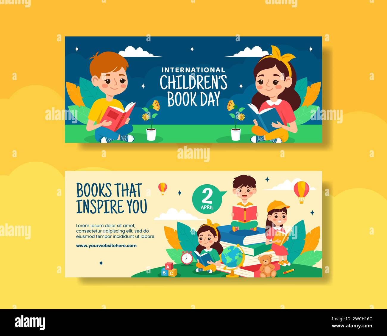 Children Book Day Horizontal Banner Flat Cartoon Hand Drawn Templates ...