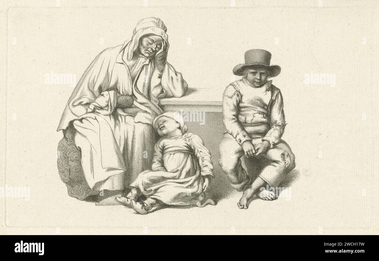 Sitting old woman and two children, Jacob Ernst Marcus, 1813 print A ...