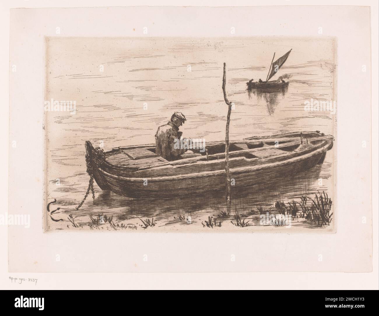 Rowing boat for anchor in open water and a sailboat in the background ...