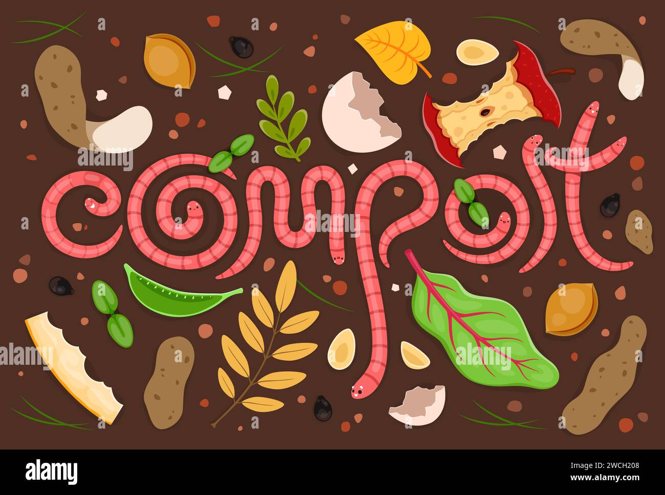 Cartoon typography word. Funny cartoon earth worms in waste soil ground ...