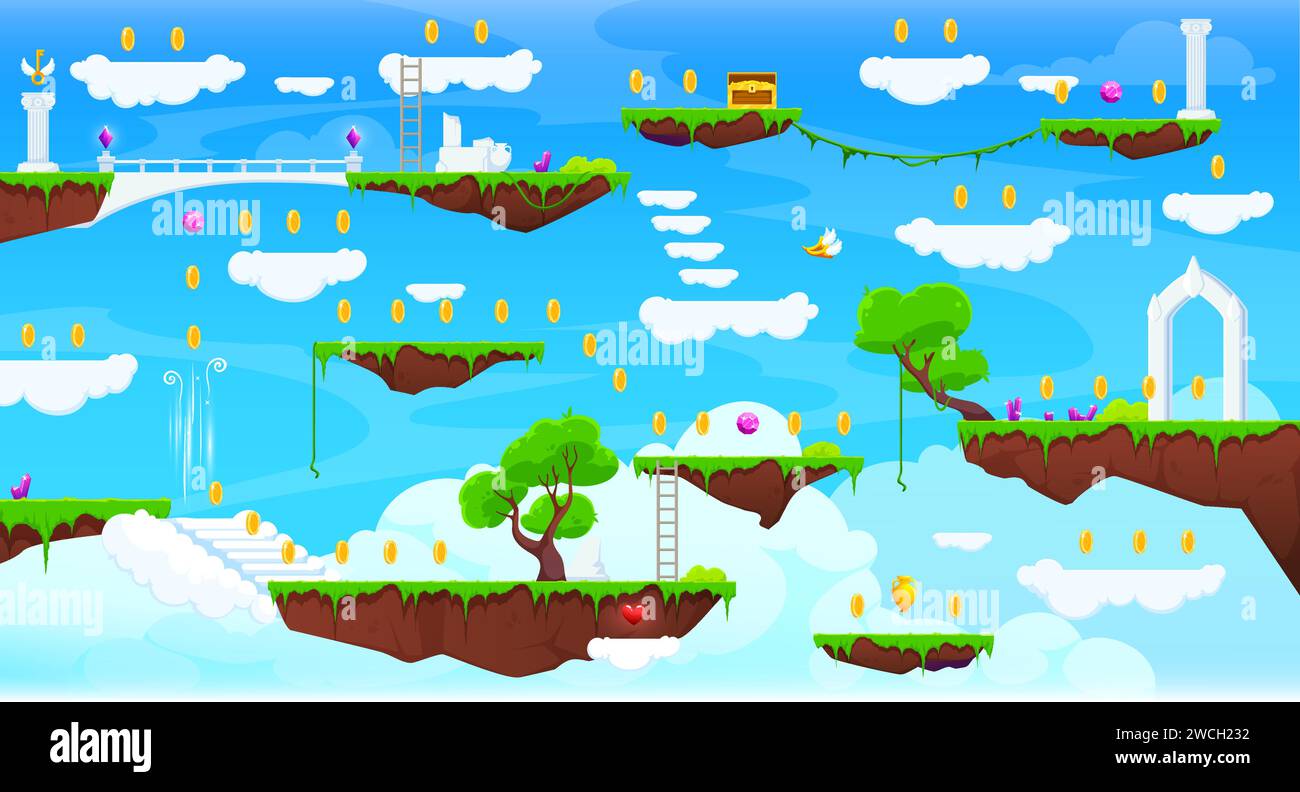 Arcade game level map with ground platforms and fluffy clouds in blue ...