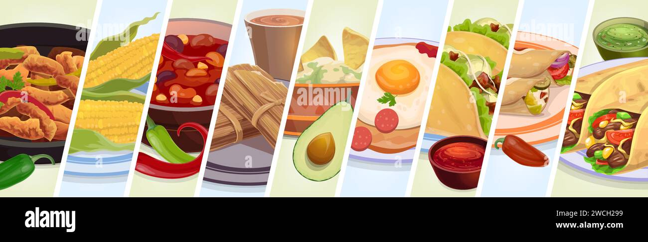 Tex Mex Mexican cuisine food collage of meals and dishes, vector ...