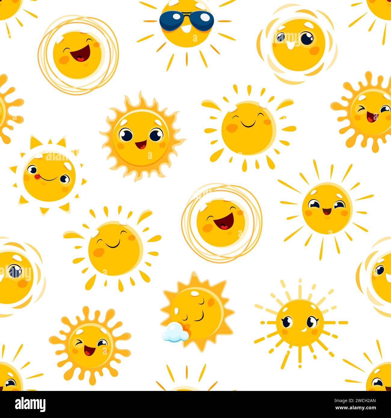 Cartoon funny sun characters seamless pattern. Textile summer vector ...