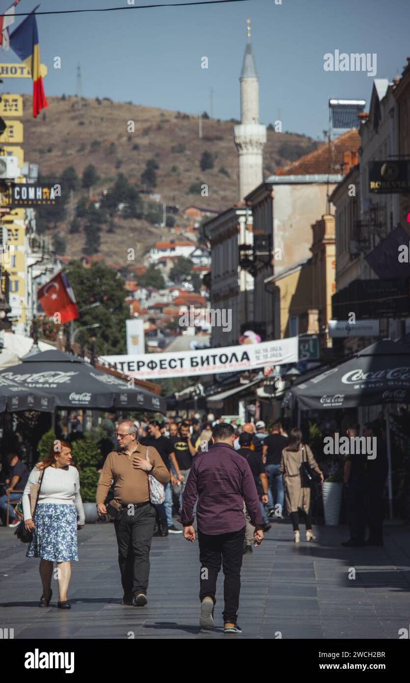 Shirok Sokak street in central Bitola, North Macedonia. People are ...