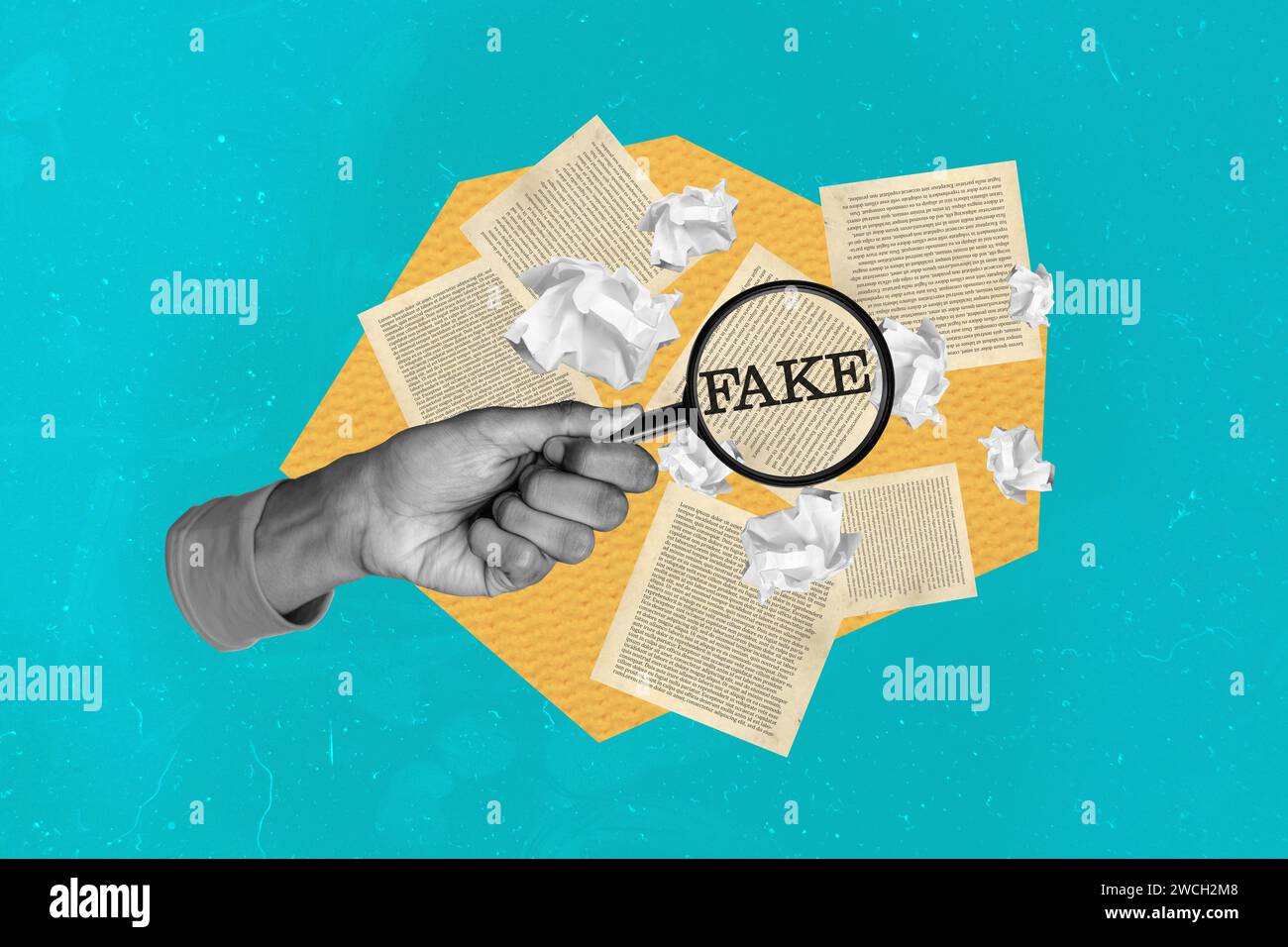 Horizontal creative photo collage of hand hold magnifying glass look at ...