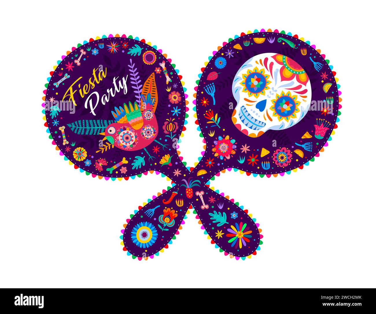Fiesta party poster with Mexican maracas and skull calavera for holiday ...