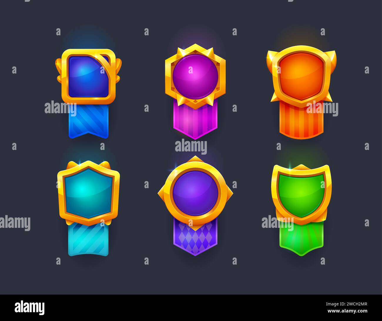 Game award badges and level complete popup shields, vector GUI ...