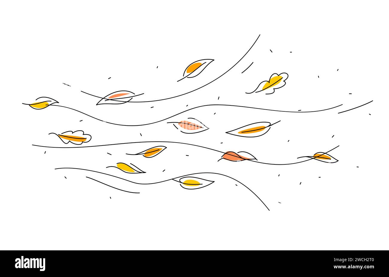 Wind air and doodle autumn leaves motion. Autumn windy weather outline ...