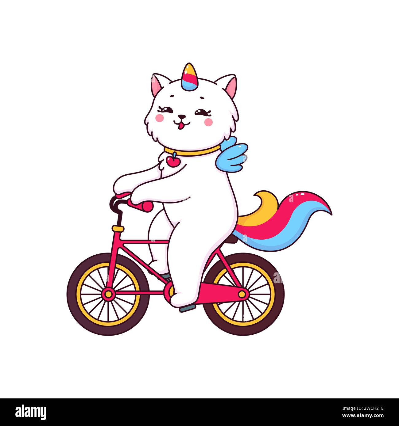 Cartoon cute caticorn cat or kitten character riding bike. Funny unicorn kitty animal vector ...