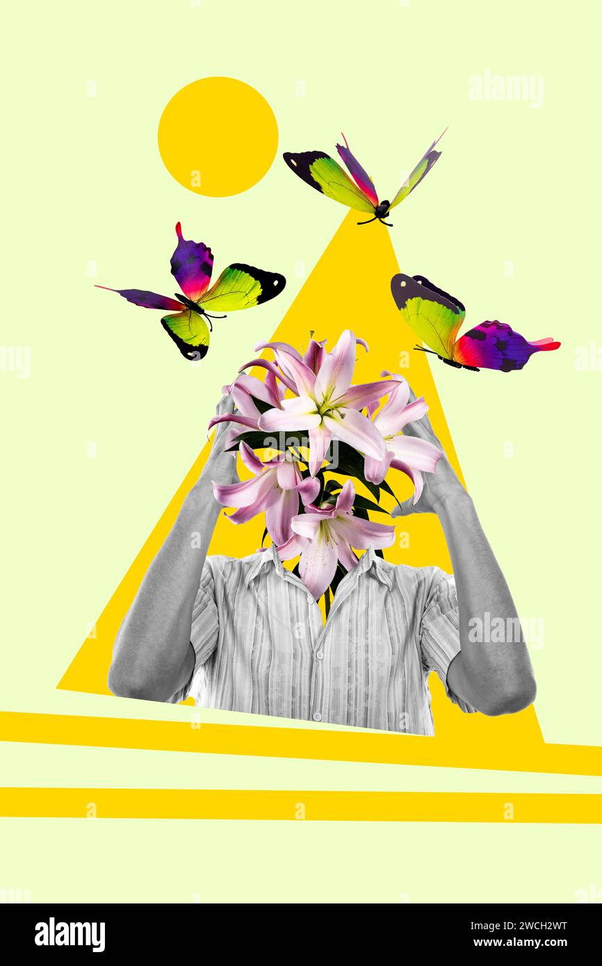 Vertical surreal photo collage of headless man with bouquet of lily ...