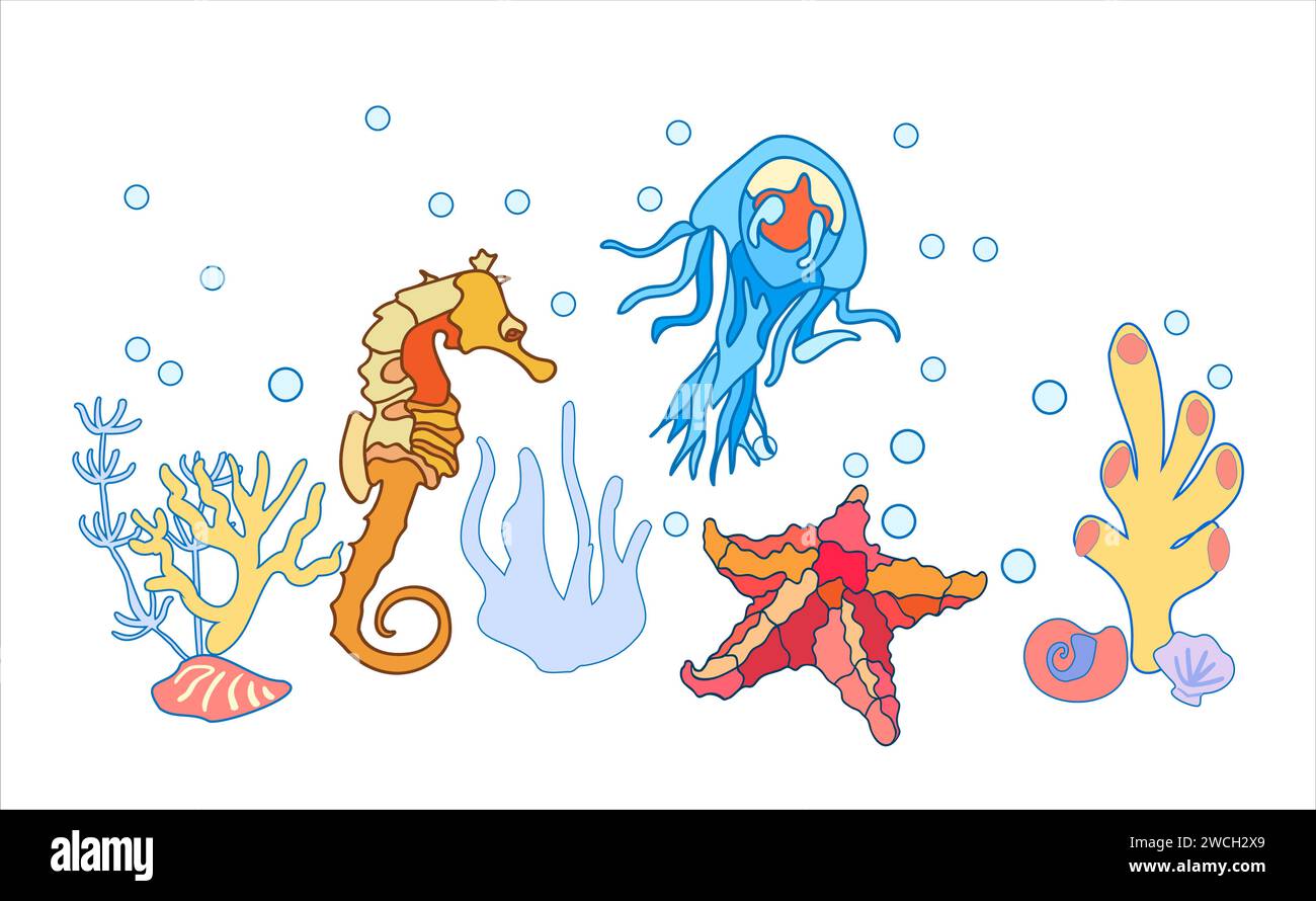 Marine animals. Jellyfish, seahorse and starfish on a background of ...