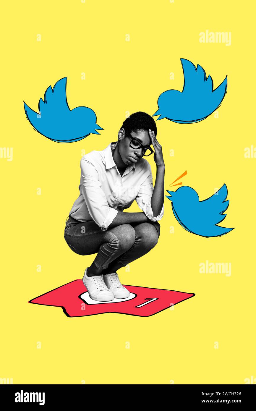 Vertical creative image poster sitting depressed sad young girl ...