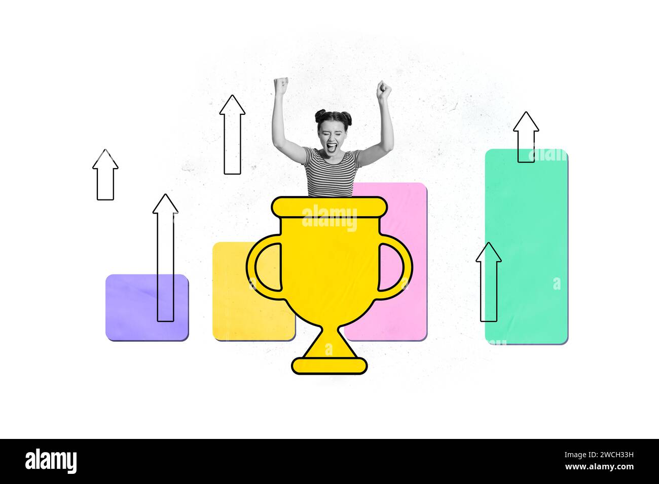 Creative collage image picture happy joyful young girl huge winner cup ...