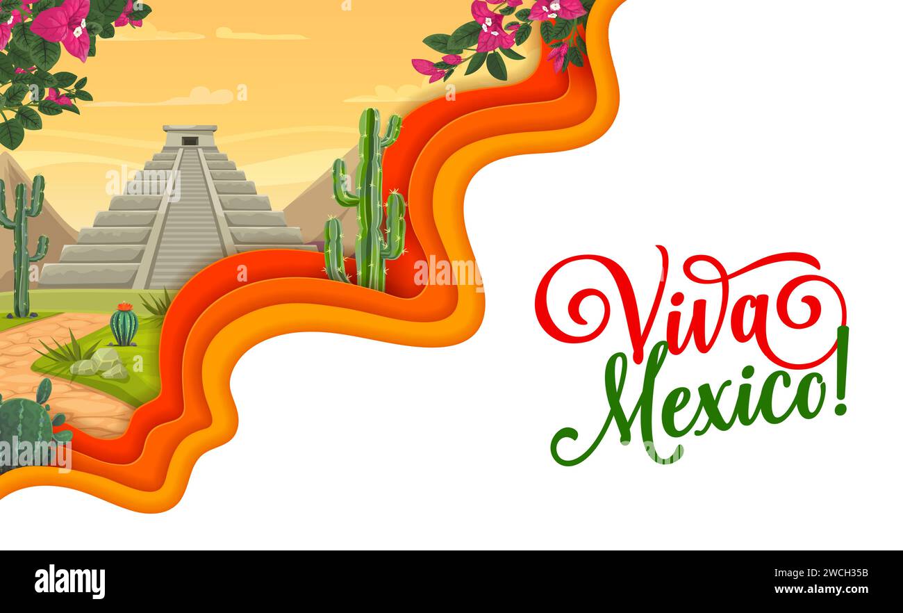 Viva Mexico paper cut banner, mexican pyramid landscape cartoon ...