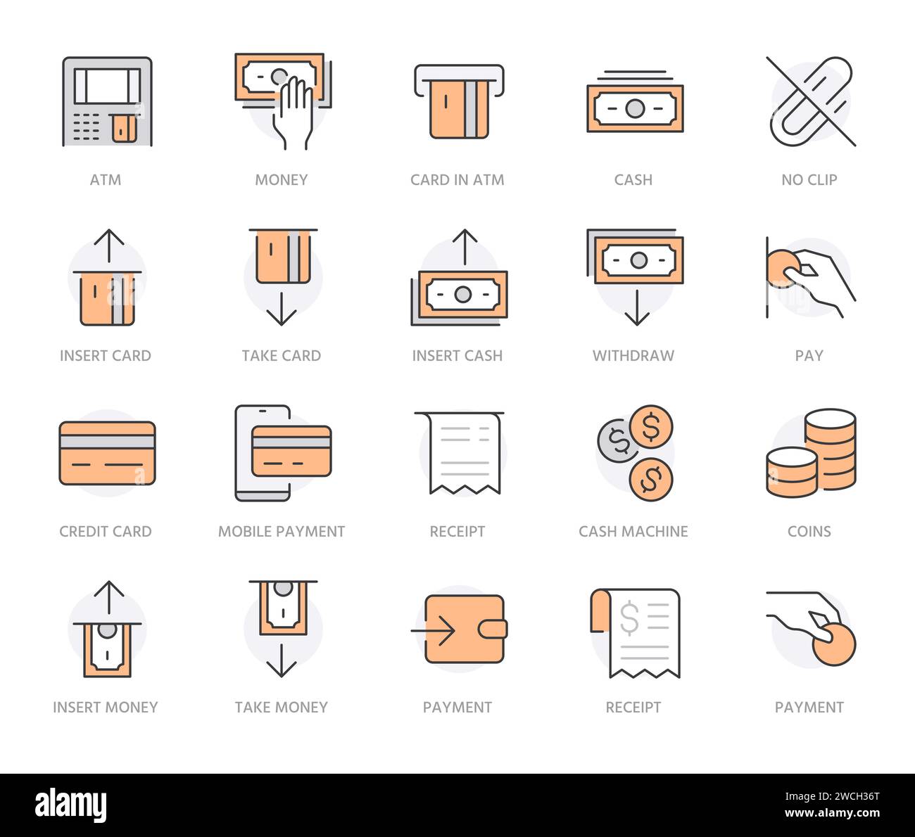 Atm machine line icon set. Withdraw money, deposit, hand taking cash, receipt minimal vector ...