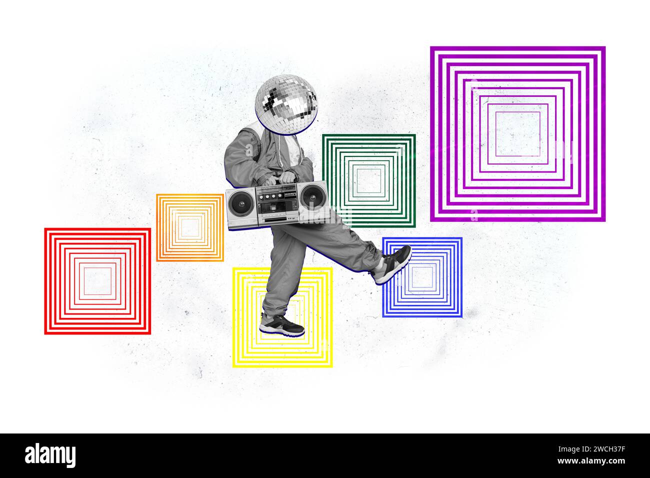 Creative picture collage banner dancing young man headless discoball ...