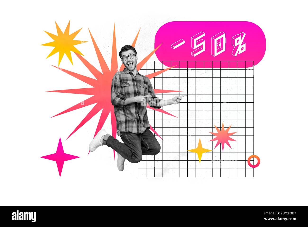 Collage creative poster monochrome effect excited crazy smile young man ...