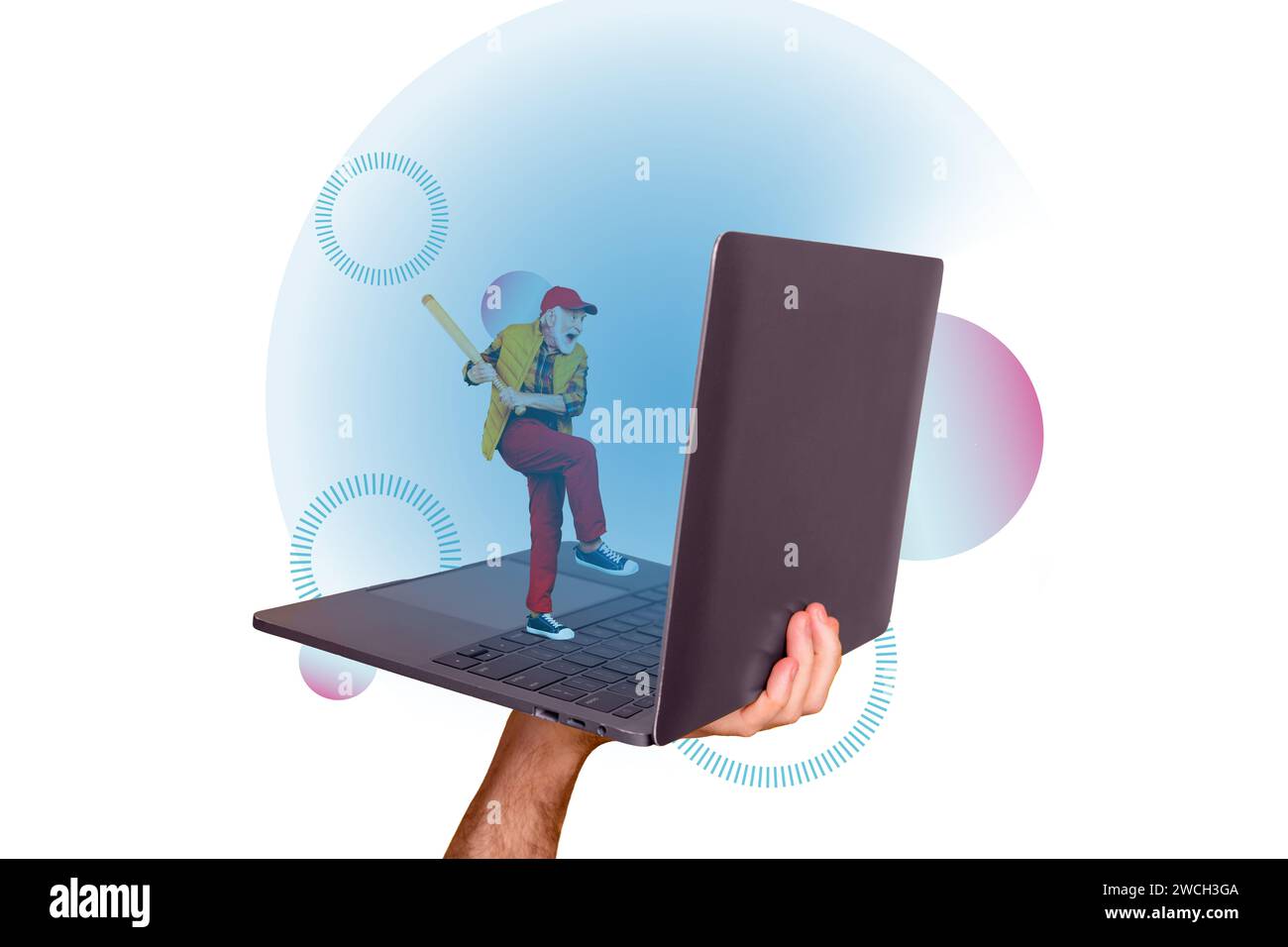 Collage illustration of grandfather with baseball beat hate slow ...