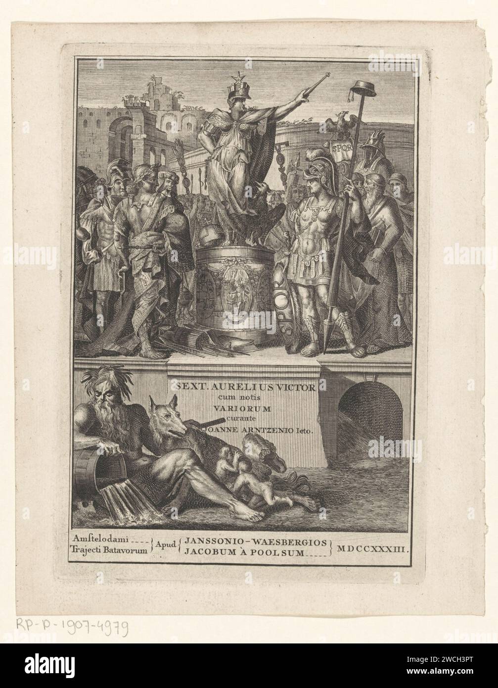 Allegory on the Roman Empire, Anonymous, 1733 print On a pedestal of ...