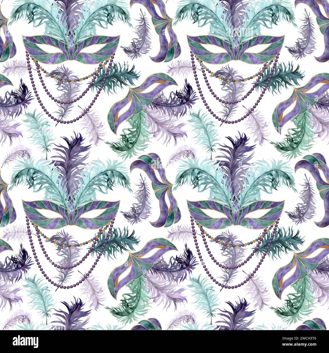 Hand drawn watercolor Mardi Gras carnival symbols. Domino mask, feather ...