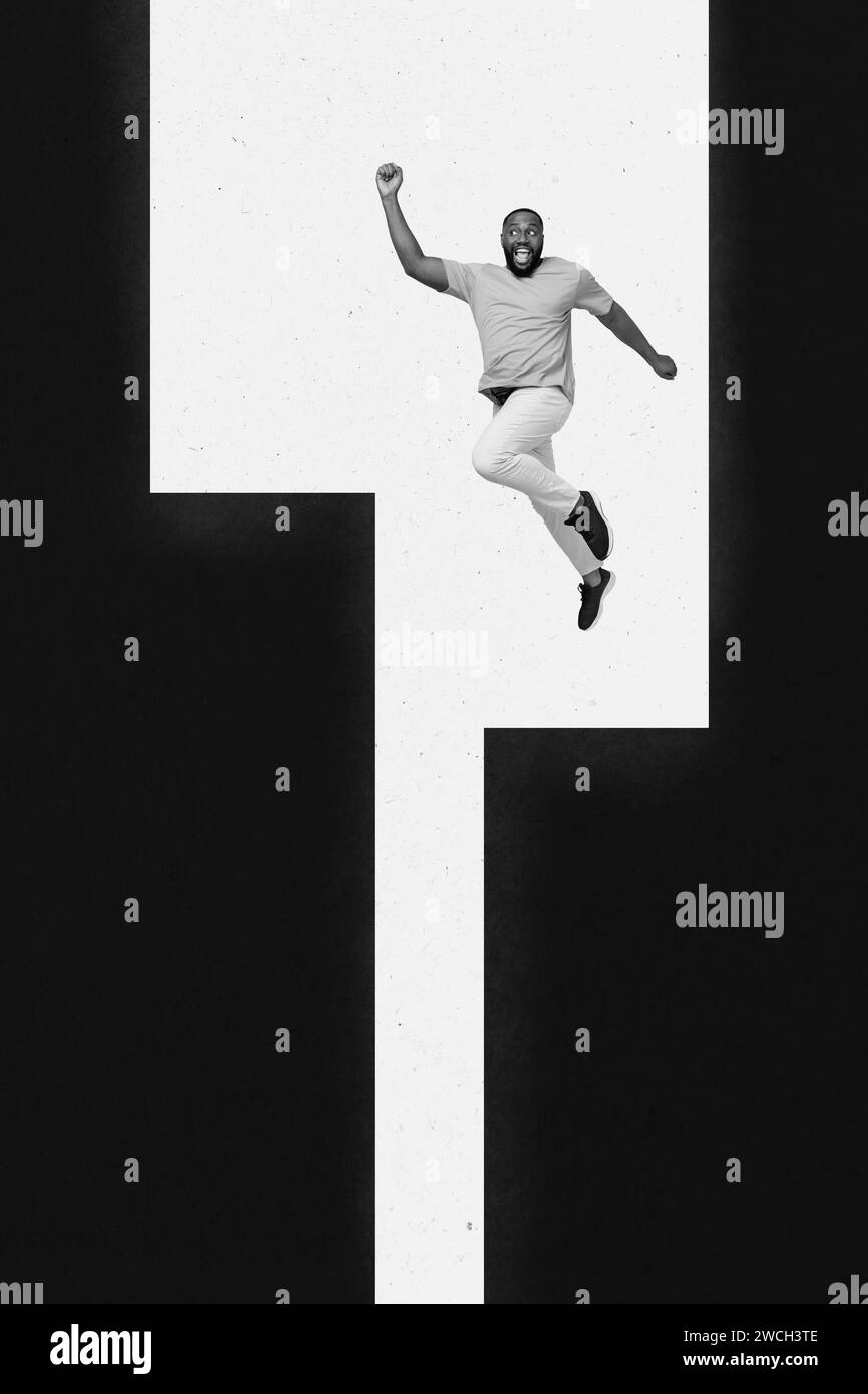 Vertical collage creative poster black white filter excited crazy funny young man run jump ...