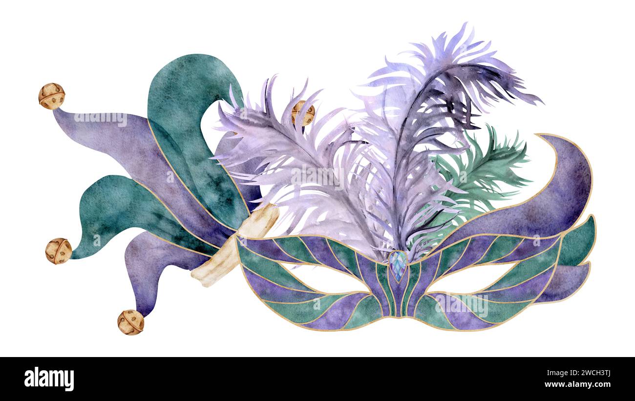 Hand drawn watercolor Mardi Gras carnival symbols. Theater masquerade ...
