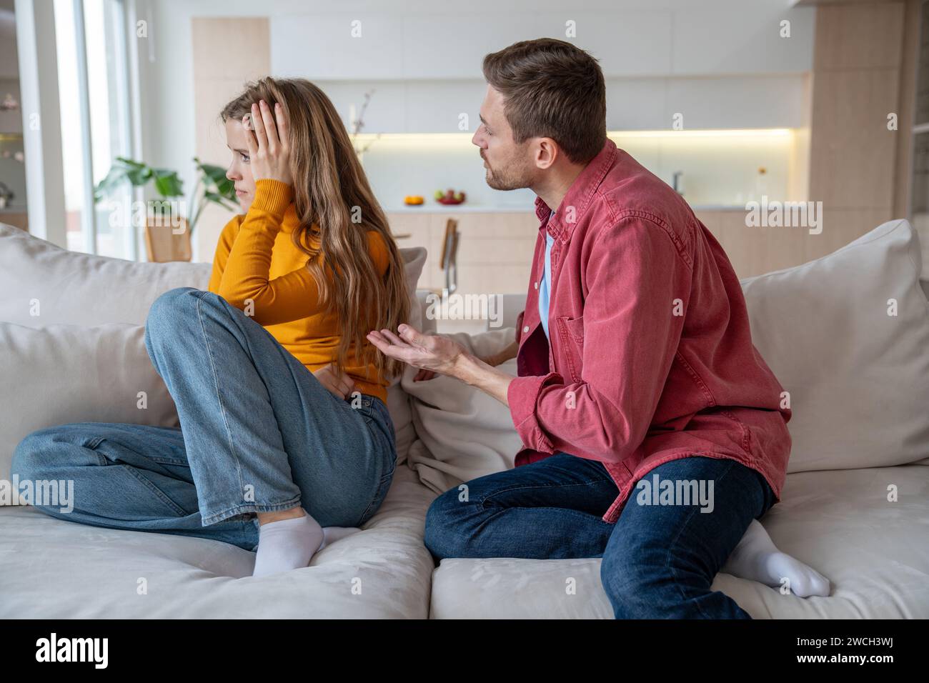 Offended woman manipulator ignoring boyfriend want to talk. Family couple misunderstanding ...