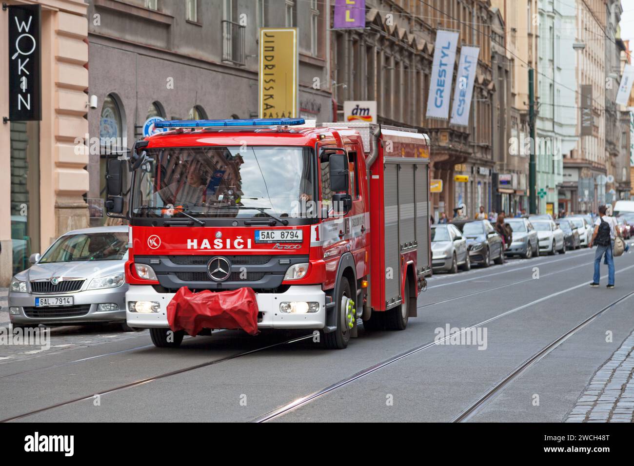 Prague, Czech Republic - June 14 2018: Fire engine going back to the ...