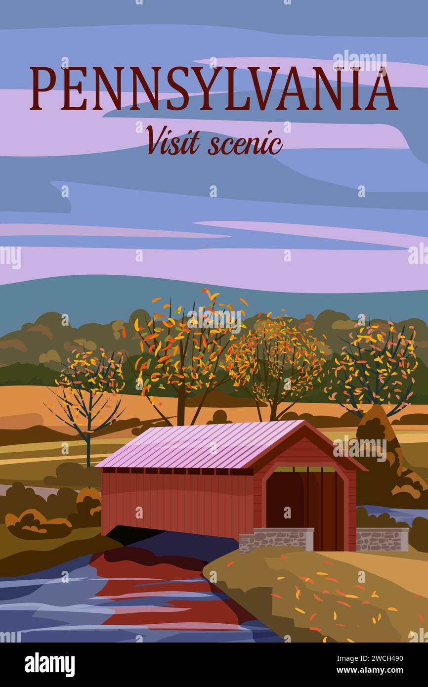 Pennsylvania covered bridge, USA Travel Poster Stock Vector Image & Art ...