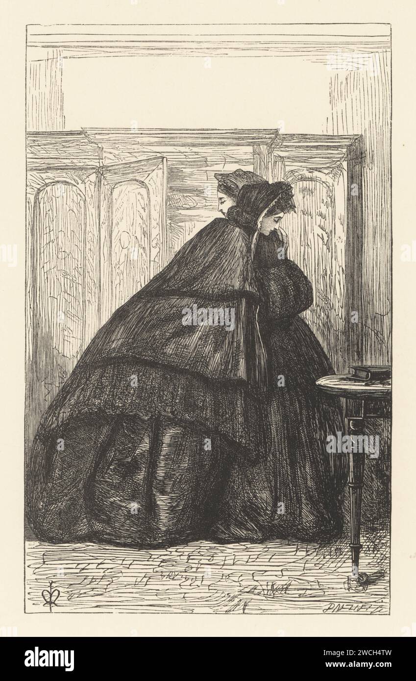 Two Victorian women embrace and bid each other goodbye. In bonnets ...