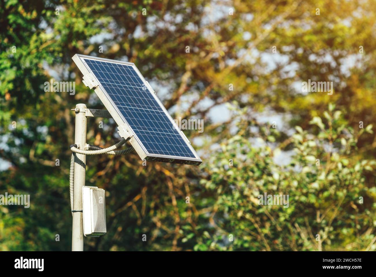 Solar powered equipment, panel mounted on the post, selective focus ...