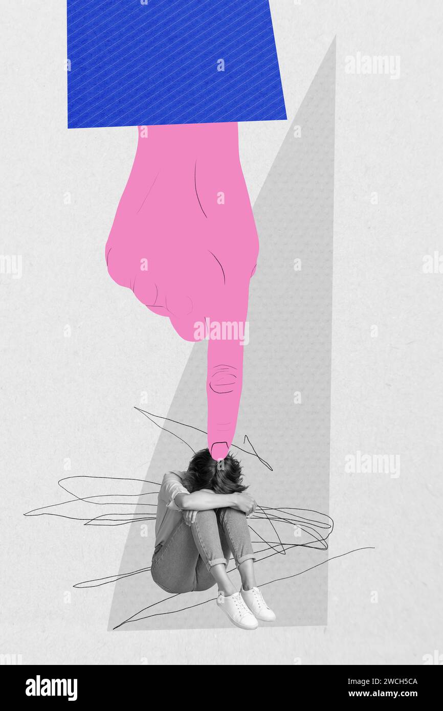 Vertical collage creative illustration monochrome effect upset sadness ...