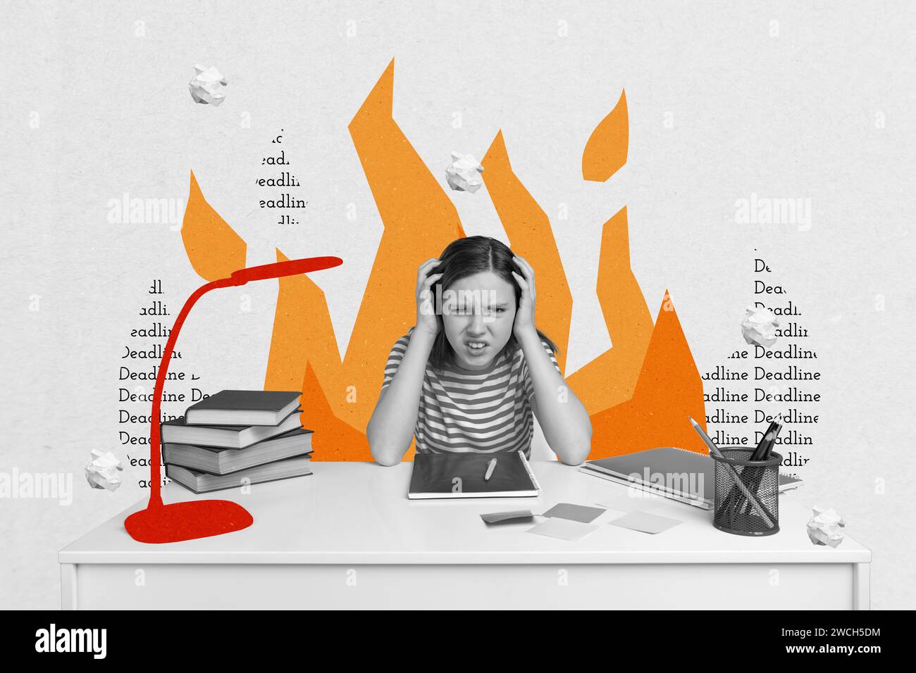 Horizontal figurative photo collage of annoyed stressed student teenage ...