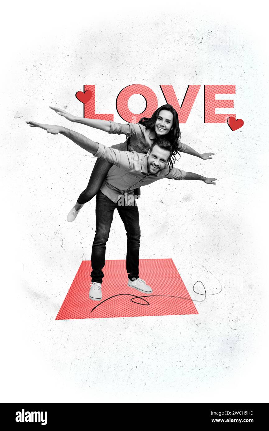 Creative poster collage of young couple piggyback have fun together ...