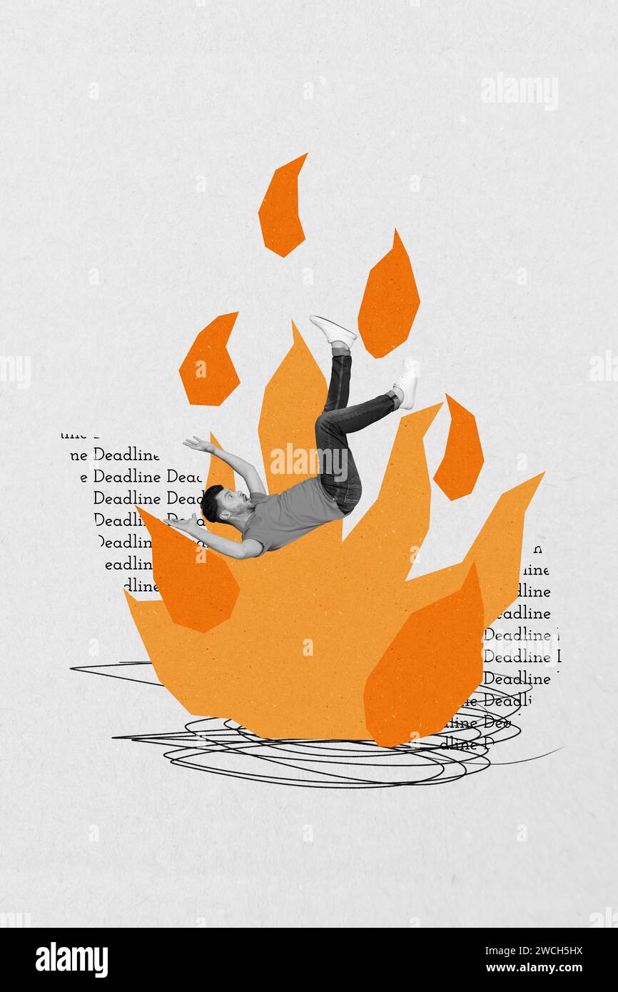 Vertical figurative photo collage of shocked young guy fall into flame ...