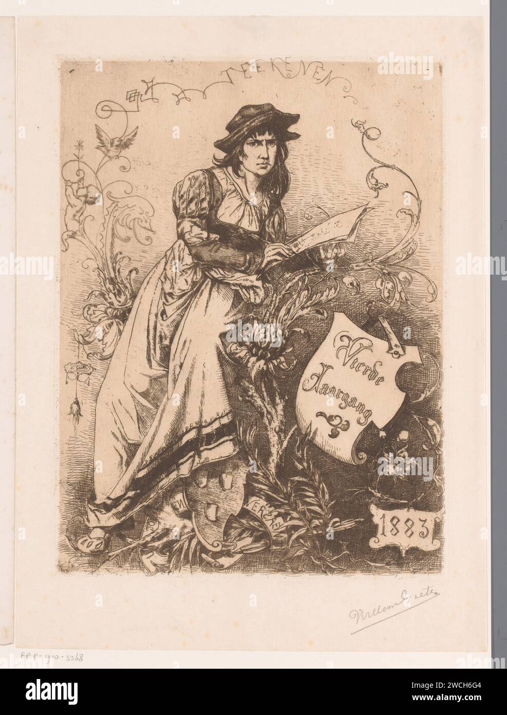 Young woman drawing, leaning on Floral Ranken, Willem Geets, 1883 print ...