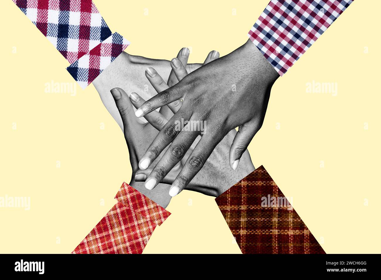 Horizontal photo collage view from above people fold stack their hands ...